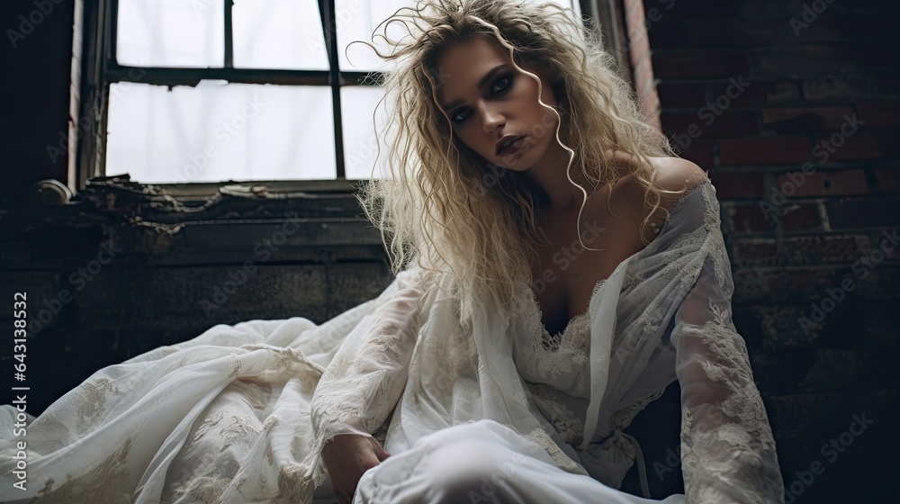Model with ghostly white makeup and hollow eyes, draped in tattered ...