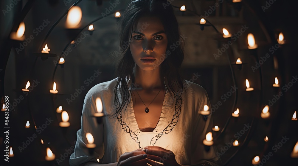 Model with unsettling possessed eyes, standing amidst a circle of ...