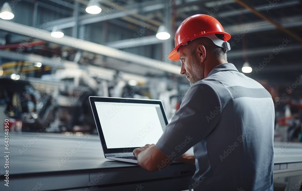 Male car factory engineer in work uniform using laptop with blank white ...
