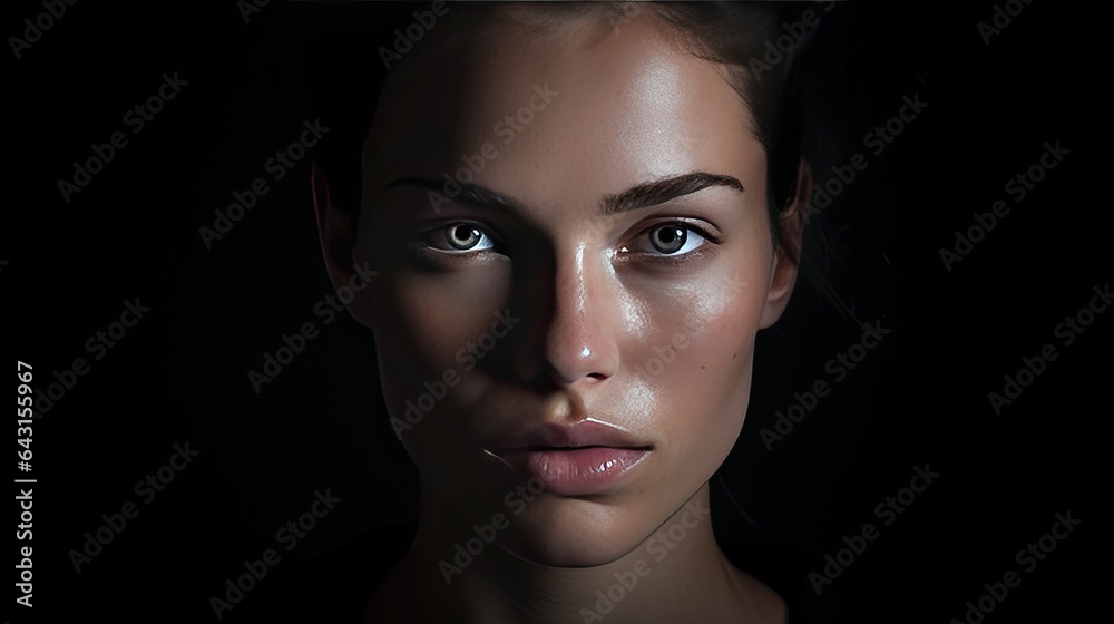 Model cast in deep shadows, highlighting cheekbones and dramatic eyes ...