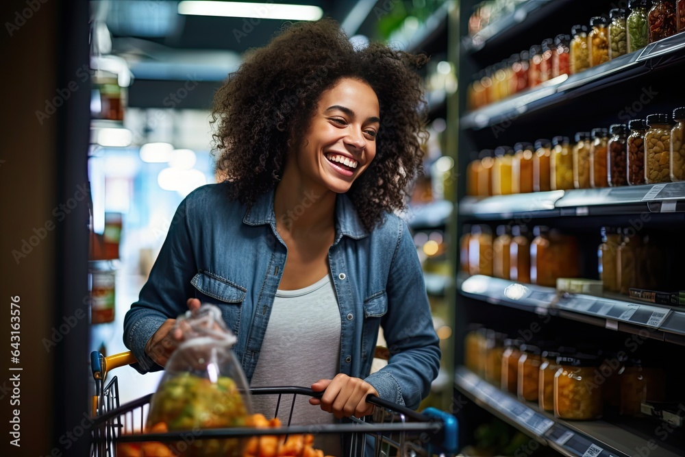 Smiling African American woman shopping at the grocery store with a ...