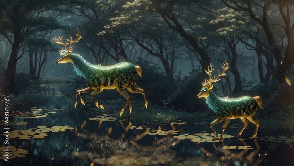 deer in the forest, creature with shimmering golden scales and fins ...