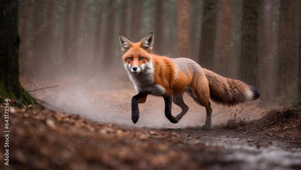 red fox in the wild Fox running in forest towards camera, more ...