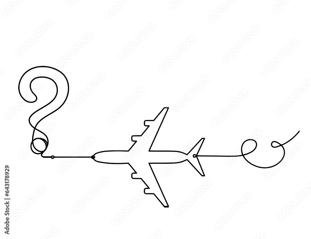 Abstract question mark with plane as continuous lines drawing on white ...