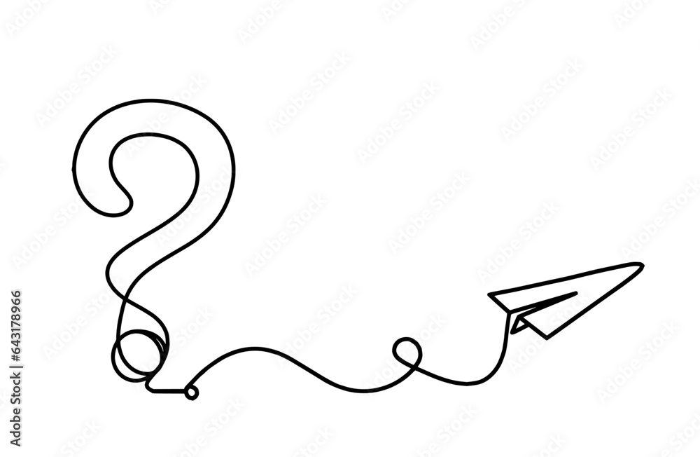 Abstract question mark with paper plane as continuous lines drawing on ...