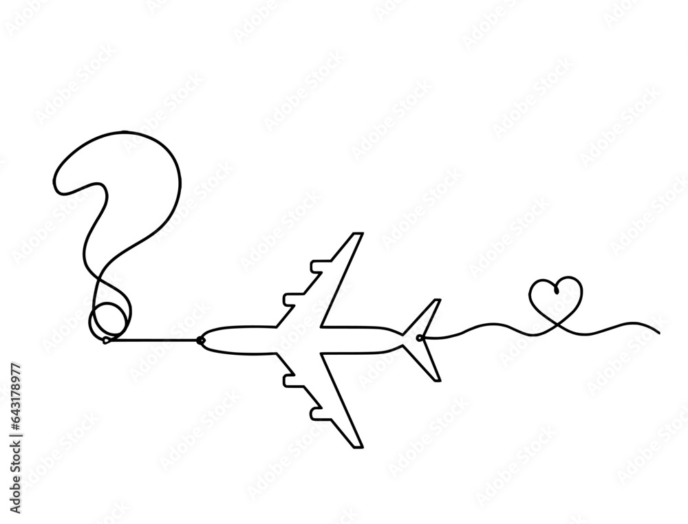 Abstract question mark with plane as continuous lines drawing on white ...