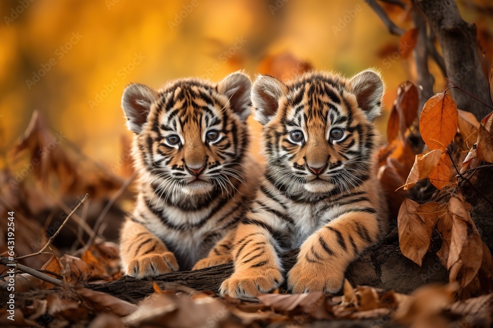 two adorable tiger cubs posing outdoors Stock Photo | Adobe Stock