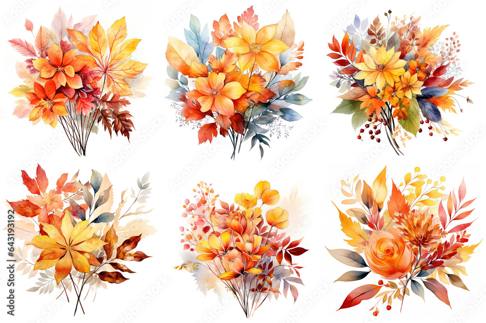 watercolor painting style illustration clipart of Autumn flower bouquet ...