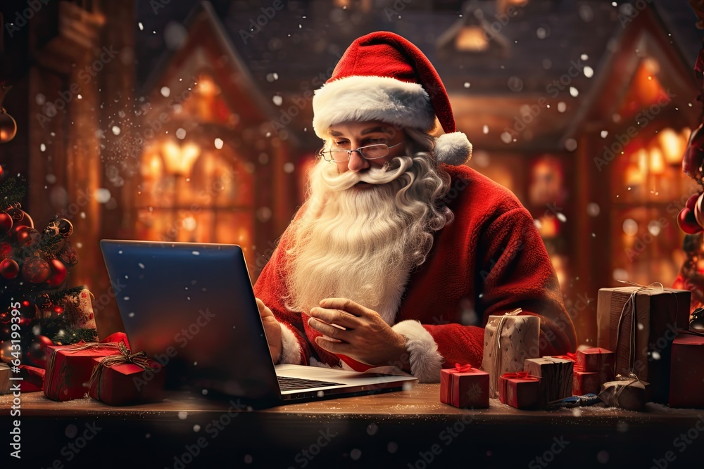 Santa Claus sits in the warehouse of his factory in front of laptop ...
