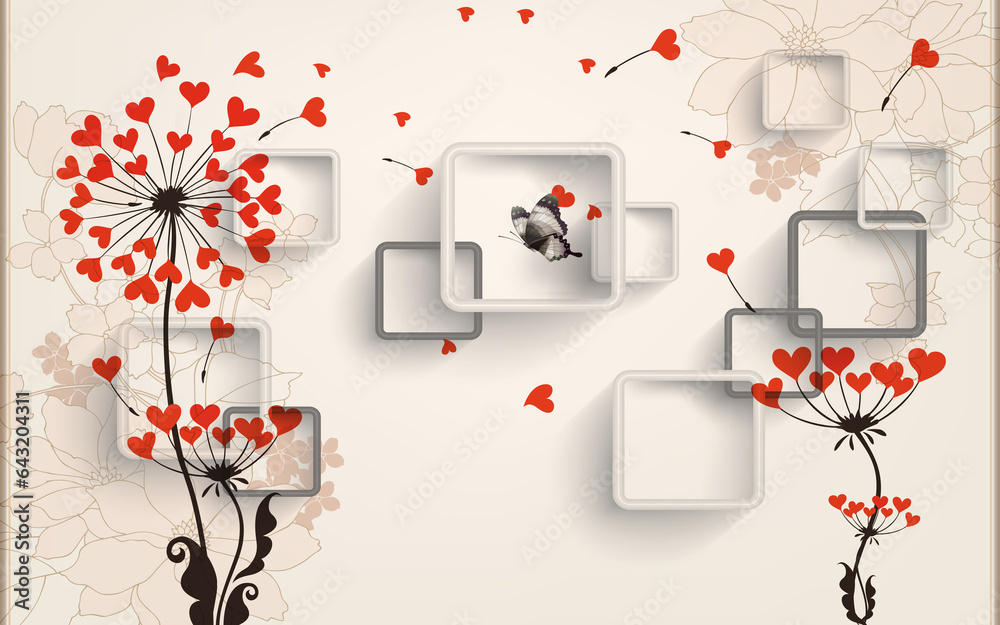 3D view of the 3D wallpaper showing golden roses on a 3D background and ...