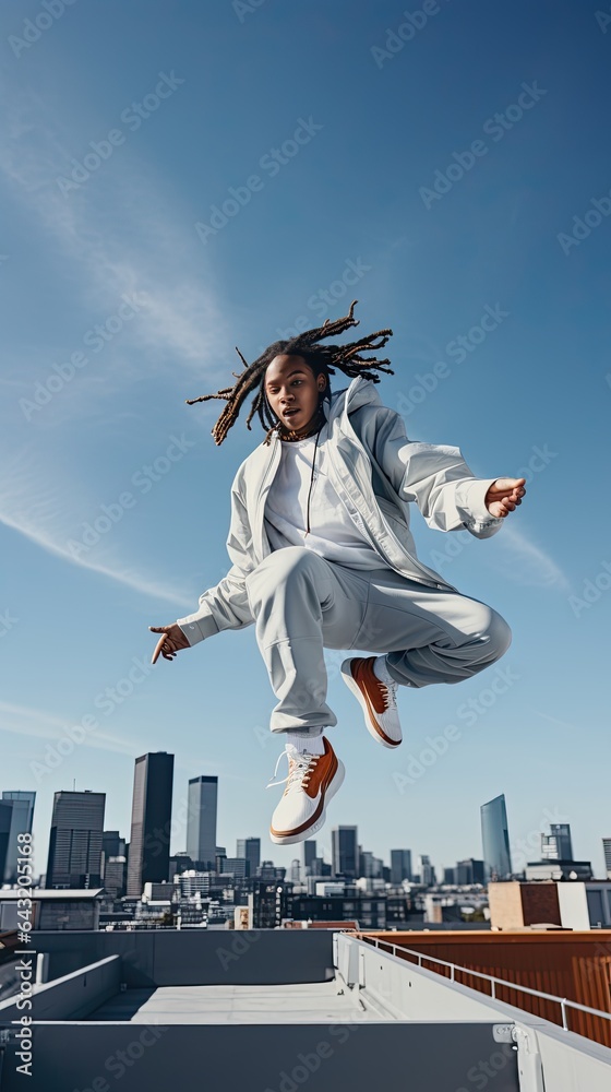 Dynamic shot of a model in a streetwear outfit, captured mid-jump on a city rooftop, with ...
