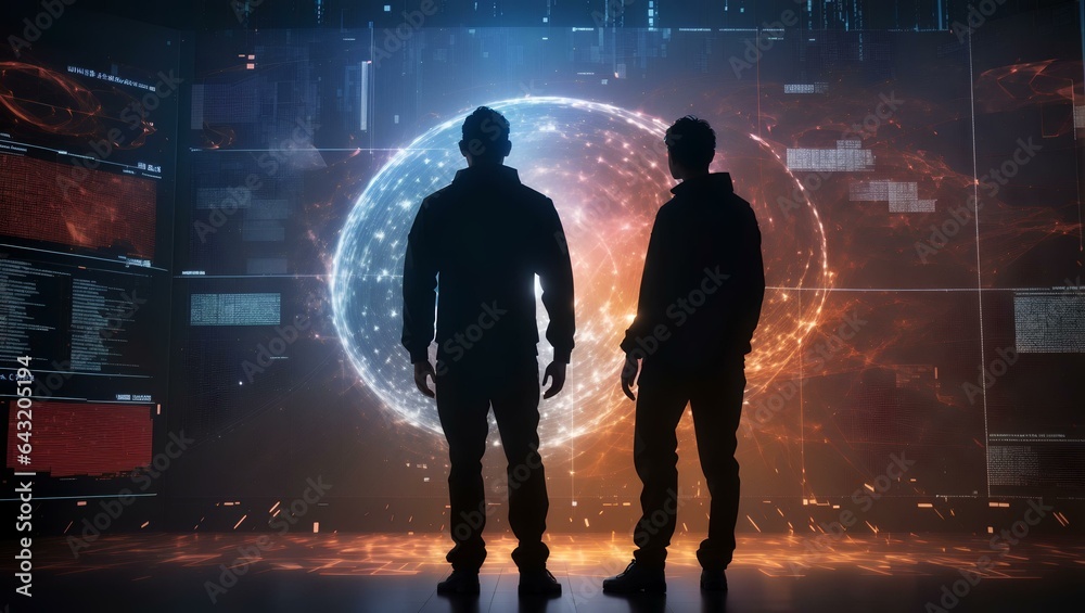 person standing in front of a giant digital screen with a flow of data ...