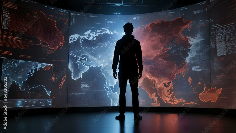 person standing in front of a giant digital screen with a flow of data ...