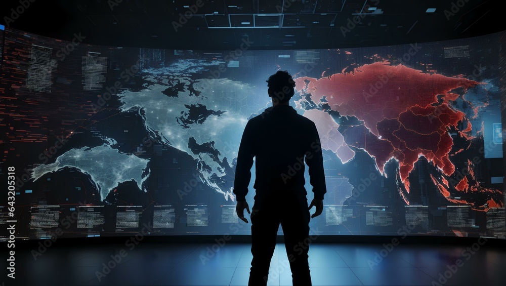 person standing in front of a giant digital screen with a flow of data ...