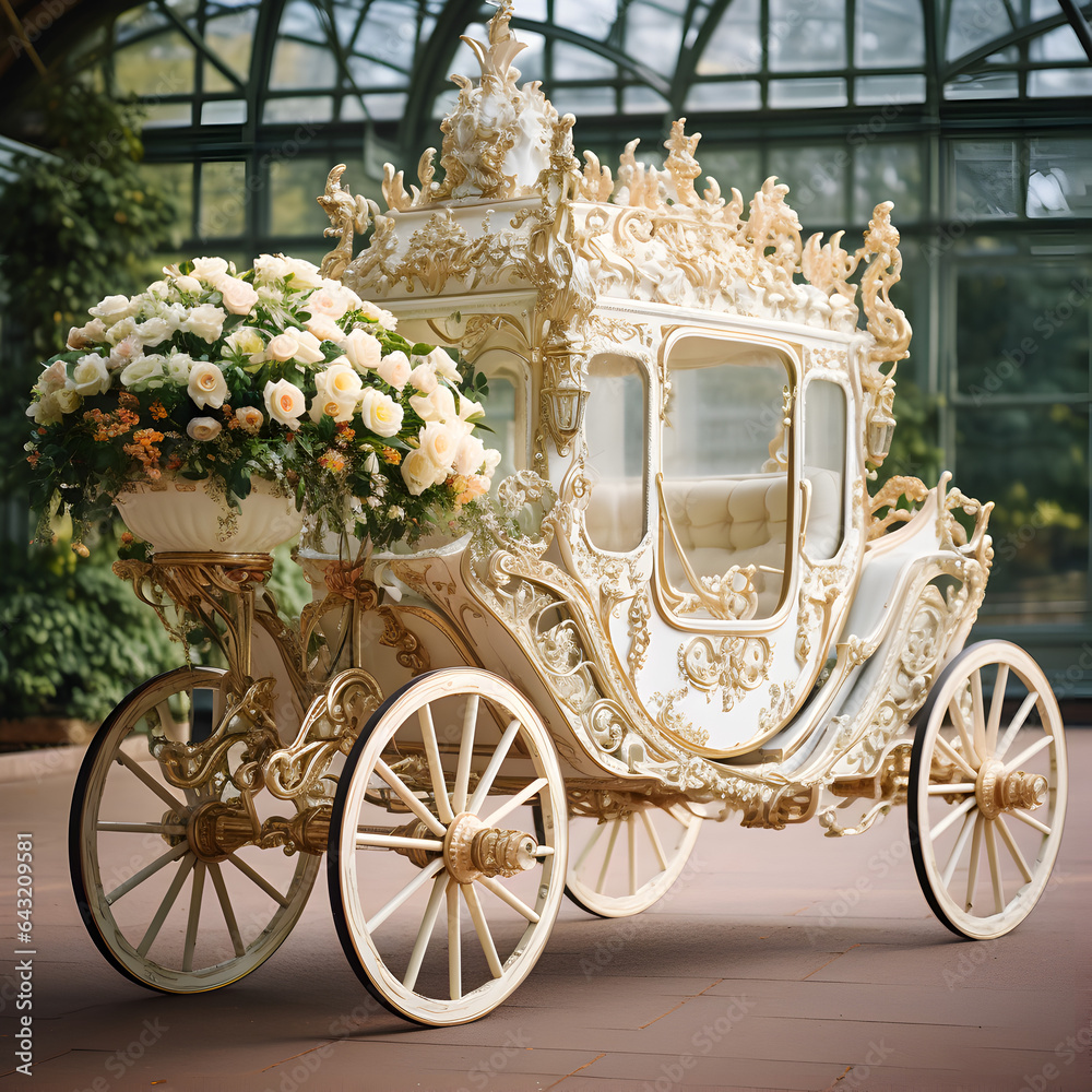White and gold adorned wedding carriage with a beautiful flower bouquet ...
