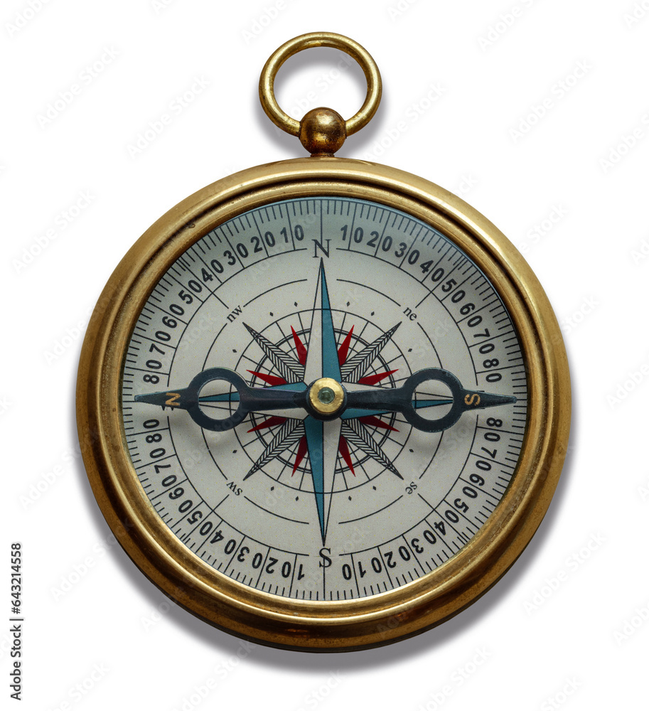 Old geographical compass isolated on a white background. Retro compass ...
