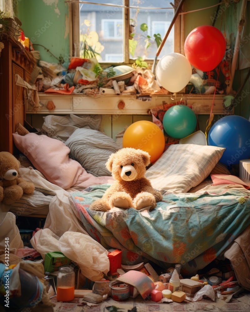 An endearing view of a child's room in delightful disarray, featuring ...