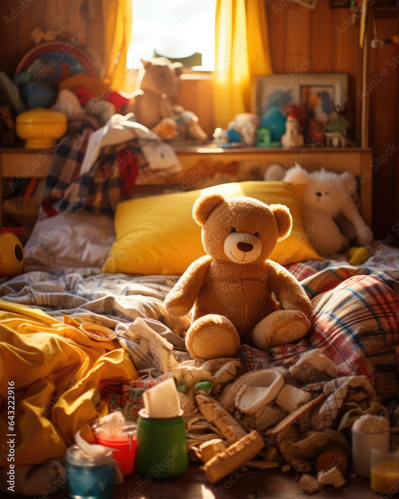 An endearing view of a child's room in delightful disarray, featuring ...