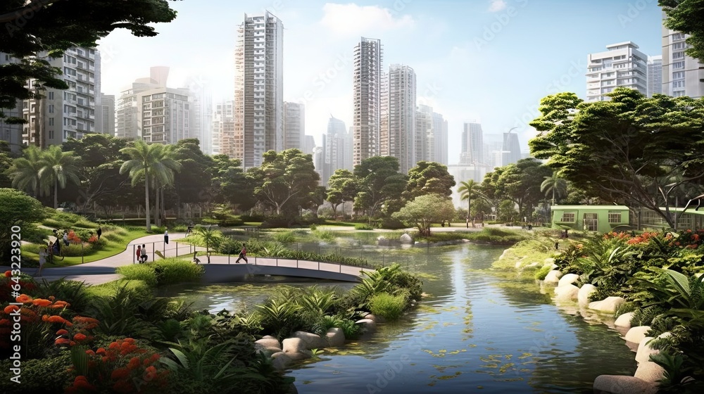 an urban park with lots of trees and plants in the foregrounded area ...