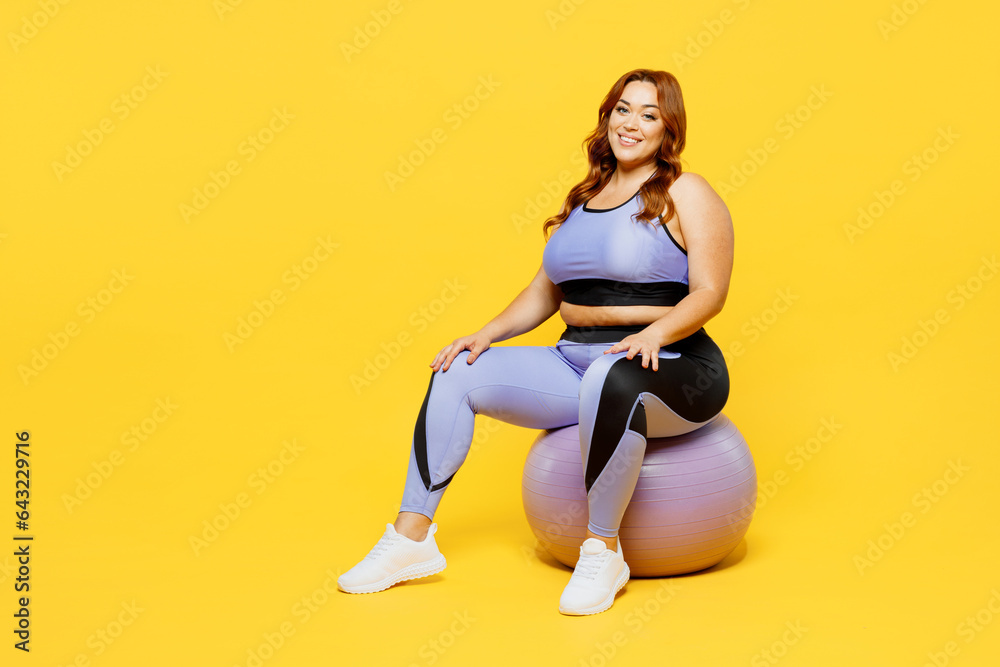 Full body smiling happy young chubby plus size big fat fit woman wear ...