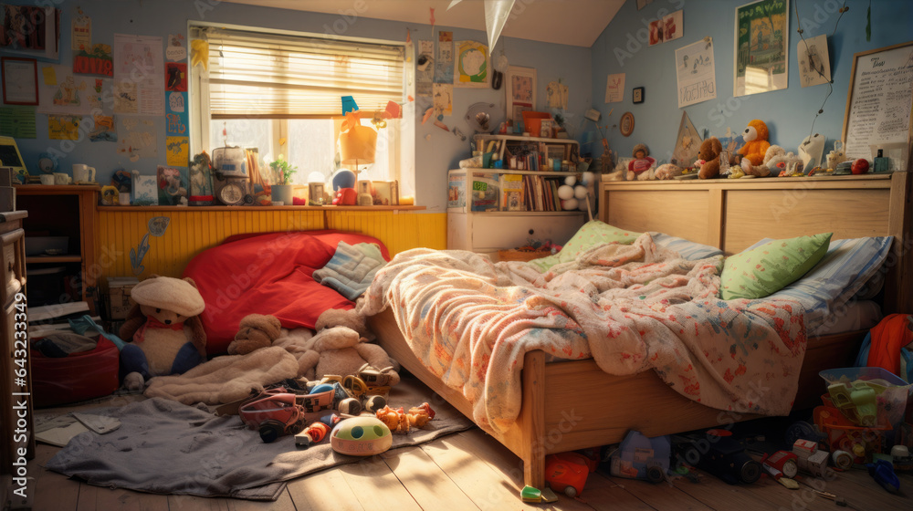 An endearing view of a child's room in delightful disarray, featuring ...