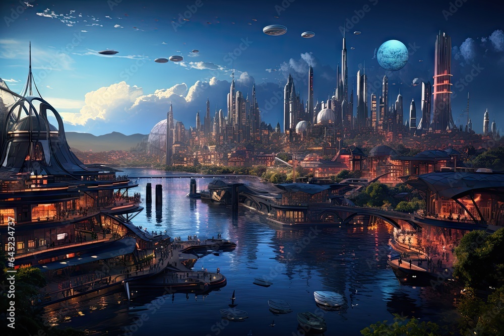 an alien city with spaceships and ships in the fore, surrounded by ...