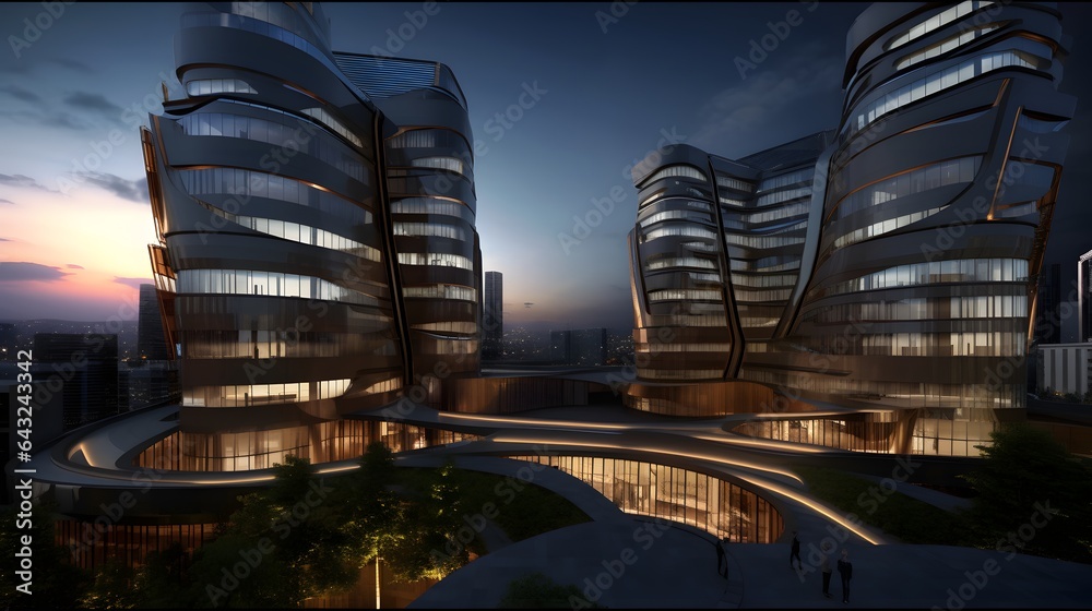 From below of entrance of office building next to contemporary high ...