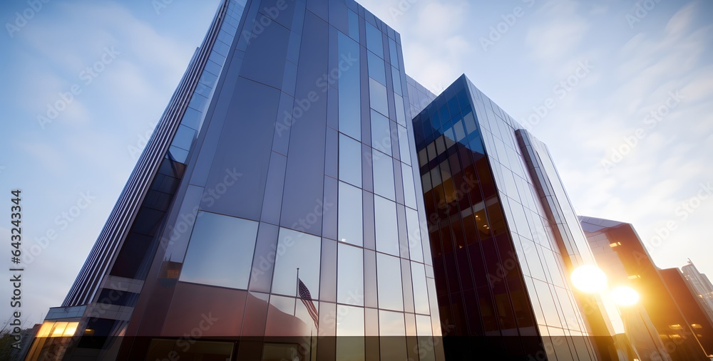 From below of entrance of office building next to contemporary high ...