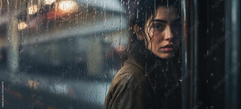 A young women looking through a rainy window with tears streaking down ...