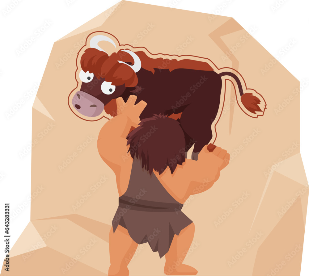 Caveman drawing cow on rock. Prehistoric people, stone age lifestyle ...