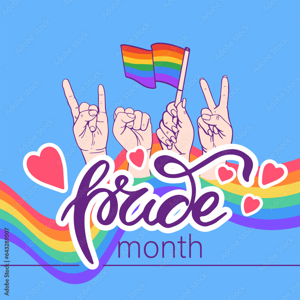 Waved Rainbow Human Hands Showing Different Signs And Hand Lettering