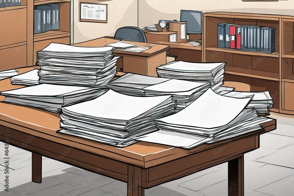 cartoon image of an old office desk with documentscartoon image of an ...