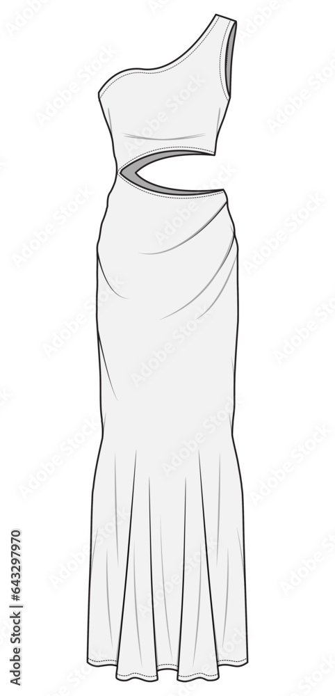 One Shoulder Sleeveless Waist Cut Out Dress Fashion Flat Sketch Vector ...