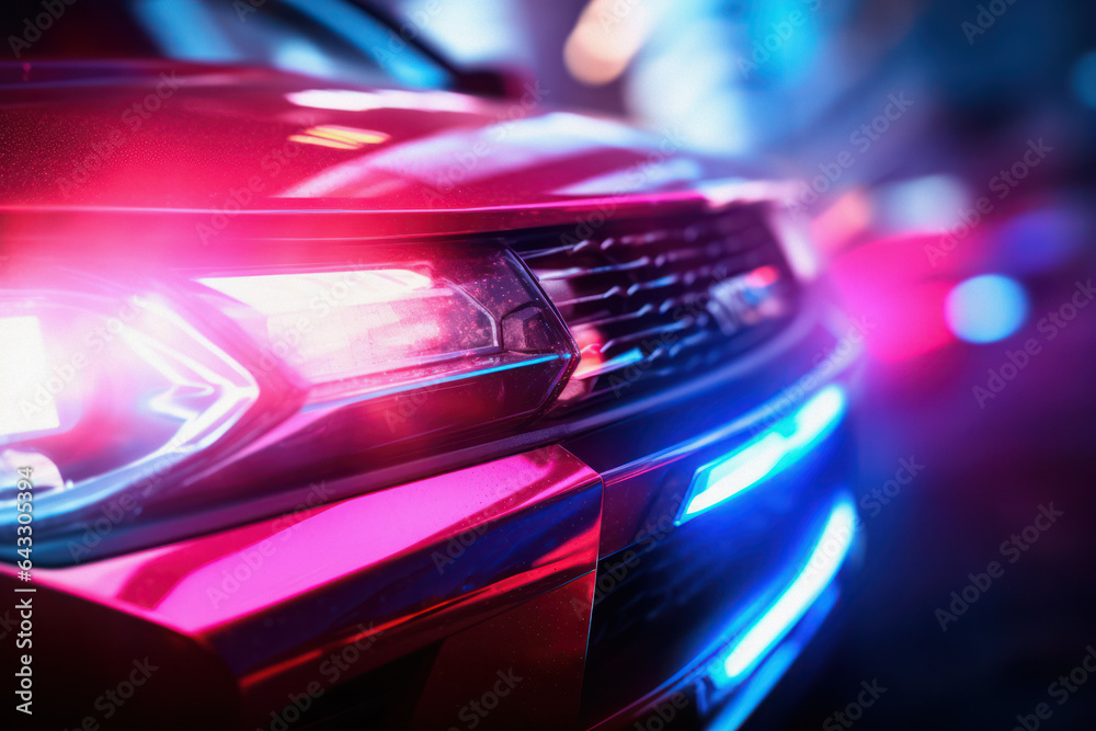 Police car chasing a car at night with fog background. 911 Emergency ...