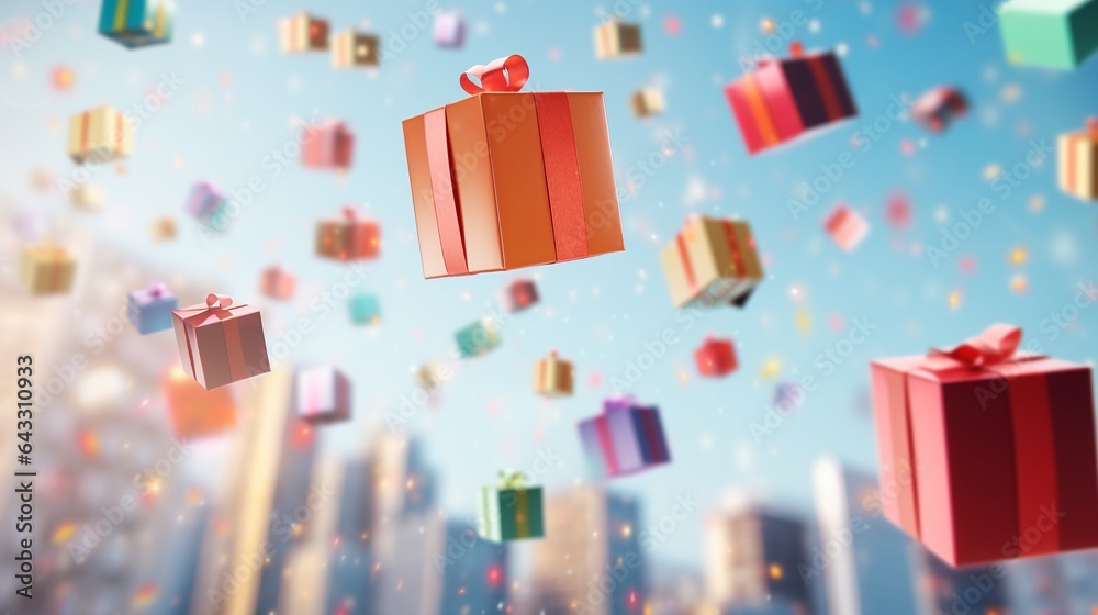A lot of Falling gift boxes decorated with ribbon on blurred shiny ...