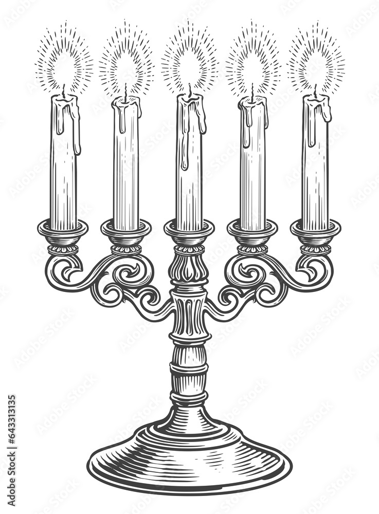 Candelabra with five burning candles. Hand drawn sketch illustration ...