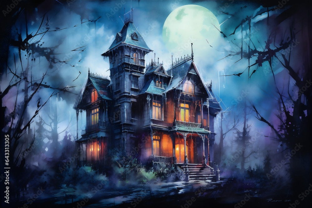 Watercolor Painting Eerie Haunted Landscape with Haunted Mansion ...