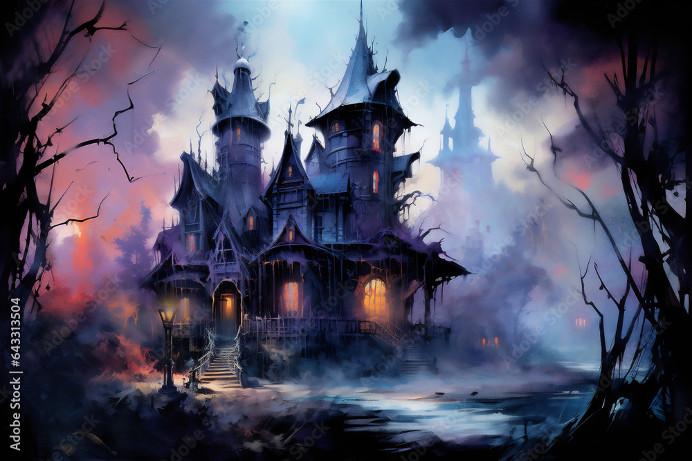 Watercolor Painting Eerie Haunted Landscape with Haunted Mansion ...