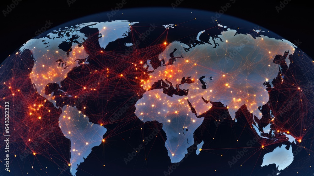 A global map with nodes representing business hubs and lines showing ...