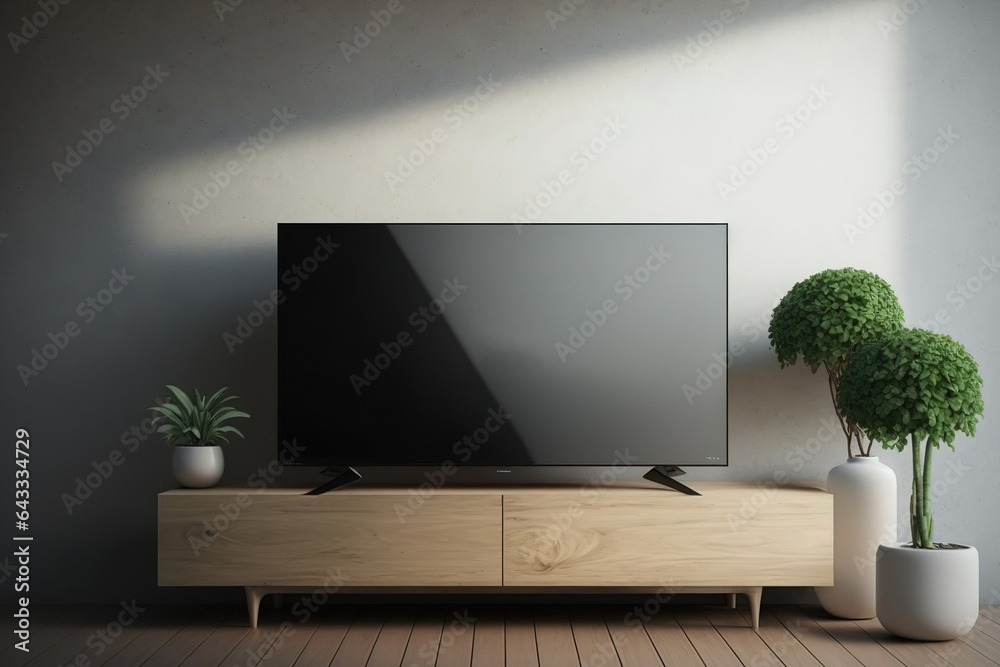 Prototype of a sizable Smart TV setup standing on a console. Generative ...