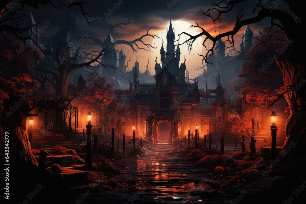 Happy Halloween background spooky scene, creepy dark night jack o ...