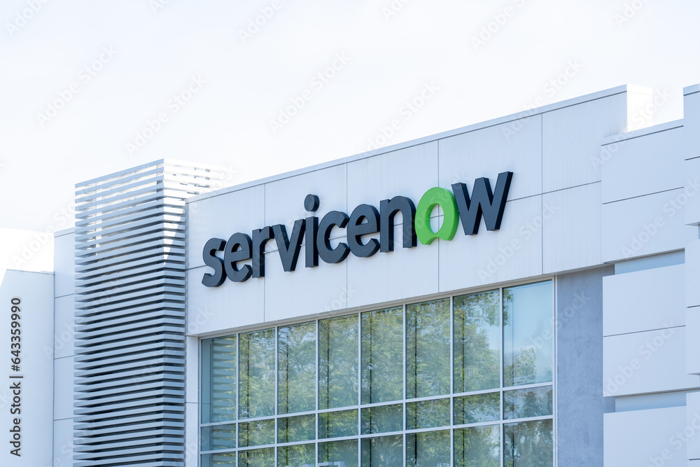 Close up of ServiceNow sign on the building at its headquarters in ...