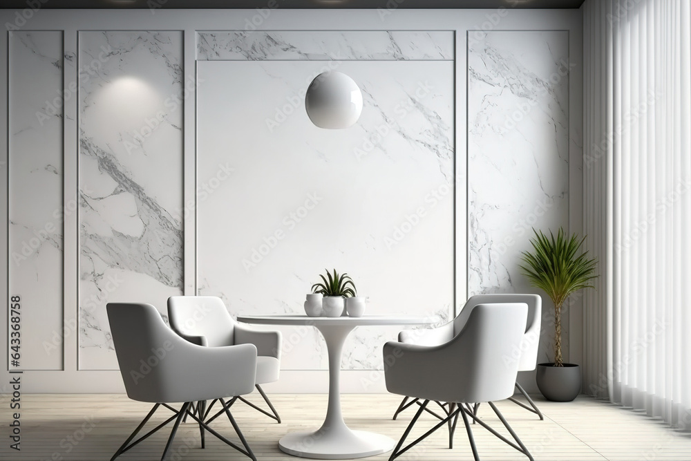 Relaxing dining area with empty white fake wall, 4 armchairs, marble ...