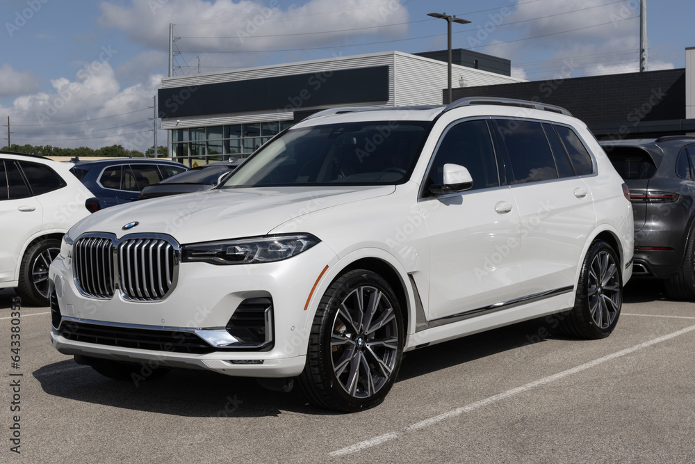 BMW X7 SUV display at a dealership. BMW offers the X7 in xDrive40i and ...