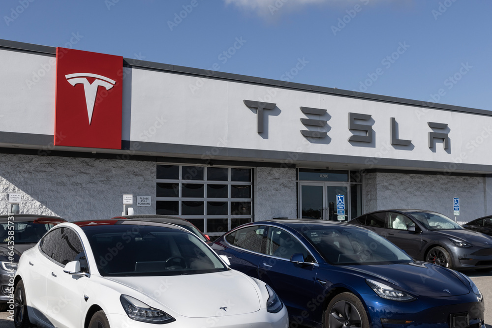 Tesla EV electric vehicles on display. Tesla models include the Model 3 ...