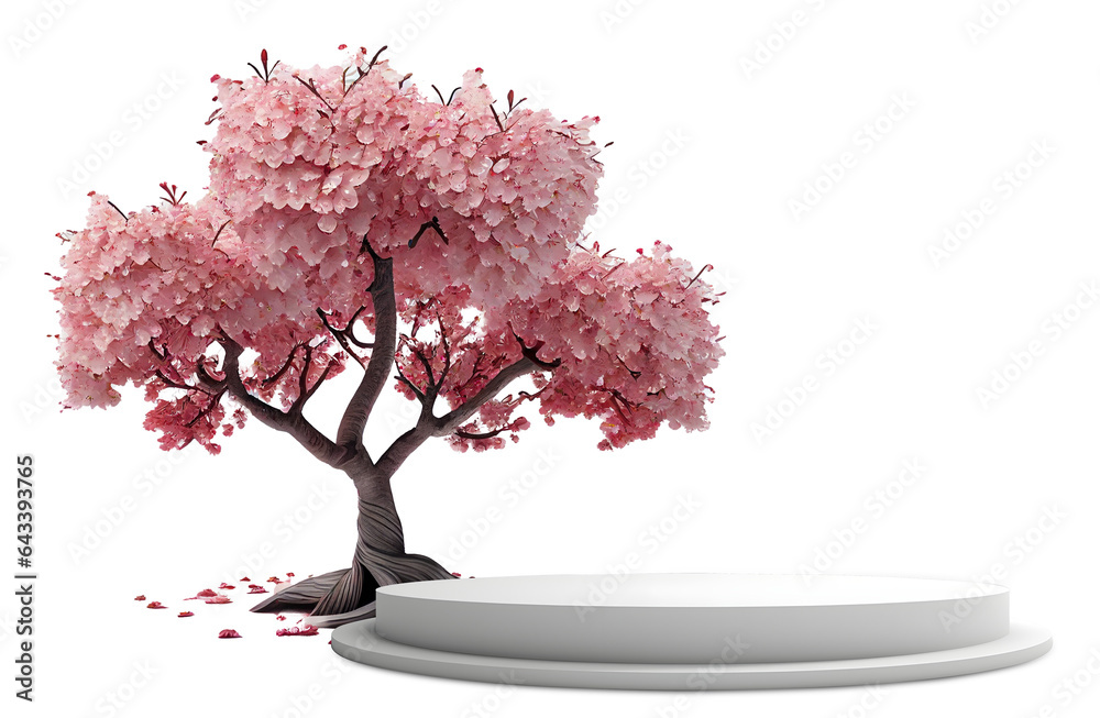 3D podium with in Pink sakura tree blooming in heart shape decorations ...