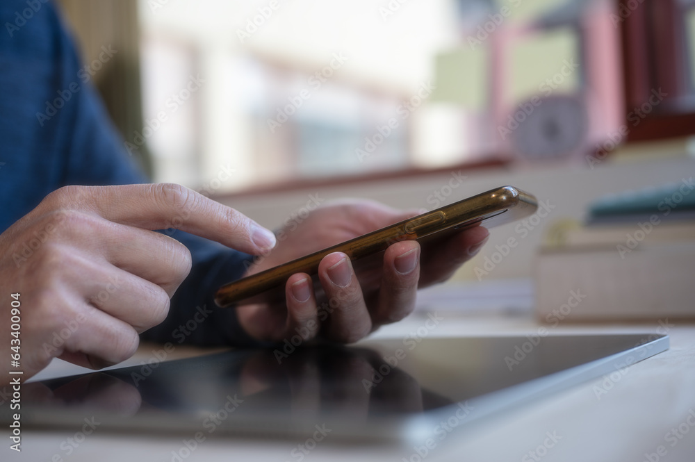 Social media marketing concept. Man hand using smartphone typing ...