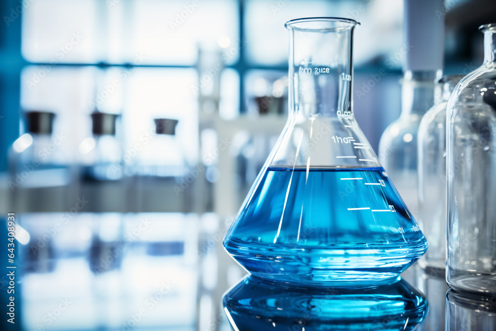 Pharmaceutical research scene, close-up of microscope and chemical ...