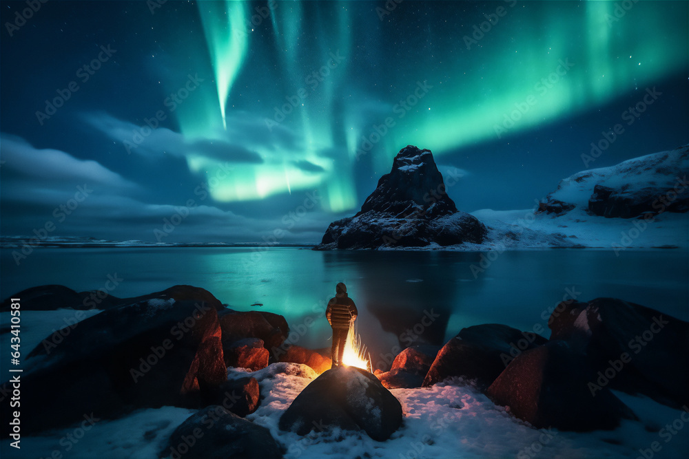 a scenic view from ice cave in north pole at the night, clear river in ...