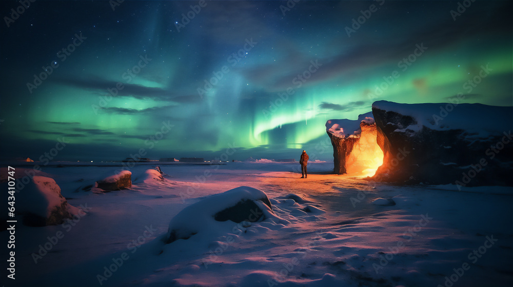a scenic view from ice cave in north pole at the night, clear river in ...